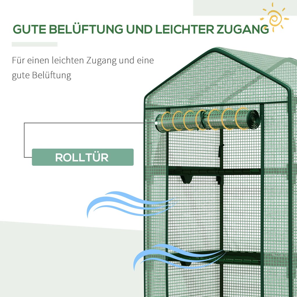 Mini skleník Outsunny s fóliovým krytem a 3 policemi, rolovací dvířka, zeleninový záhon v zelené barvě 69 x 49 x 125 cm pro milovníky zahrady