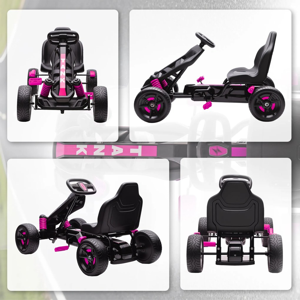 AIYAPLAY Gokart s pedály, šlapací auto pro děti s brzdou, protiskluzová kola, kovový rám, 3-6 let, růžová