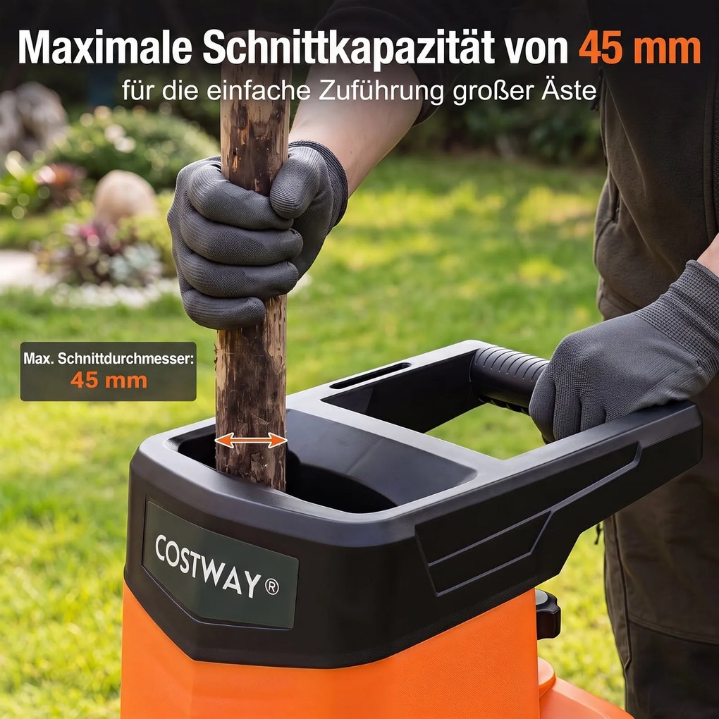 Costway Zahradní drtič elektrický 2500 Nožový drtič W na větve do 45 mm 21: 1