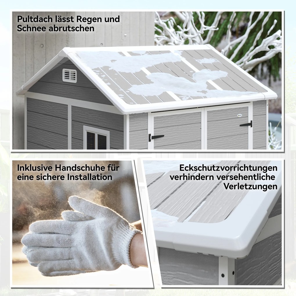 Zahradní kůlna Outsunny s povrchem připomínajícím staré dřevo, 2,91 m², s dvojitými dveřmi a zámkem, šikmou střechou, 181x181x220 cm, šedá