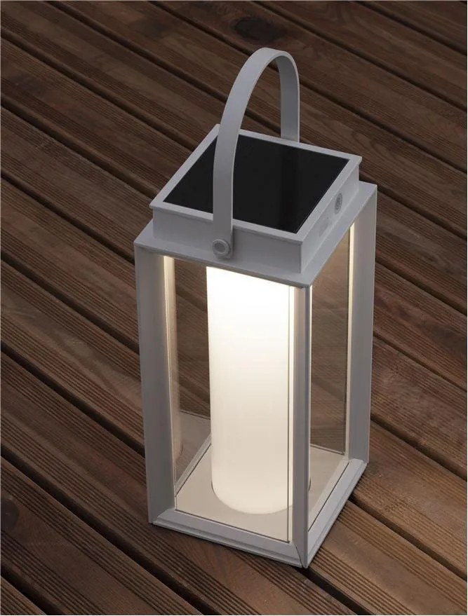 NV 9002861 Venkovní stolní lampa VERHAAL bílý hliník a čiré sklo LED 2W 3000K 3,7V 360st. IP54 solární / USB kabel / vypínač na těle - NOVA LUCE