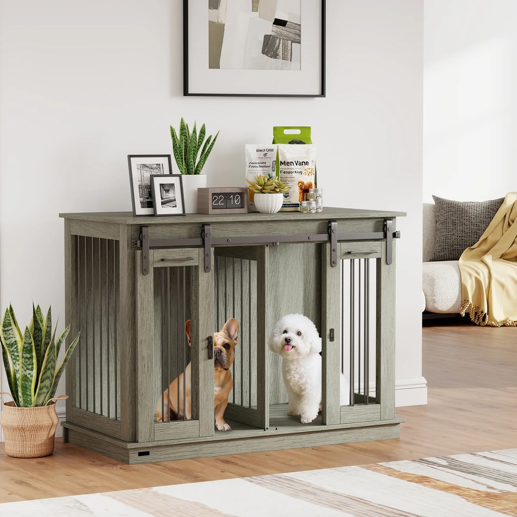 PawHut Psí Obojek s Možností Dvou Místností, Moderní Kovový Box pro Psy s 2 Dveřmi, Psí Dům pro Velké Psy do 30 kg, Psí Dům 120 x 60 x 88,5 cm Šedý