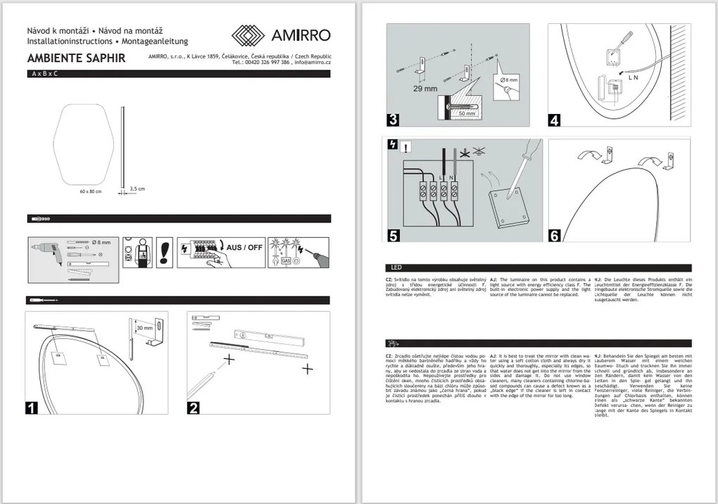 Zrcadlo do koupelny na zeď do pokoje do ložnice do předsíně na chodbu bez vypínače AMBIENTE SAPHIR 60 x 80 cm s LED podsvícením po celém obvodu 412-467