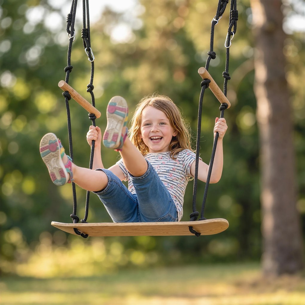Skateboardová houpačka Dětská houpačka s nastavitelnou výškou, protiskluzová deska, lano odolné proti povětrnostním vlivům, rukojeti černé barvy