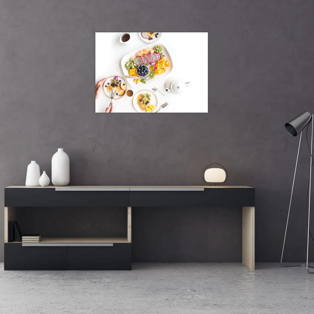 Skleněný obraz talířů s ovocem na stole (70x50 cm)