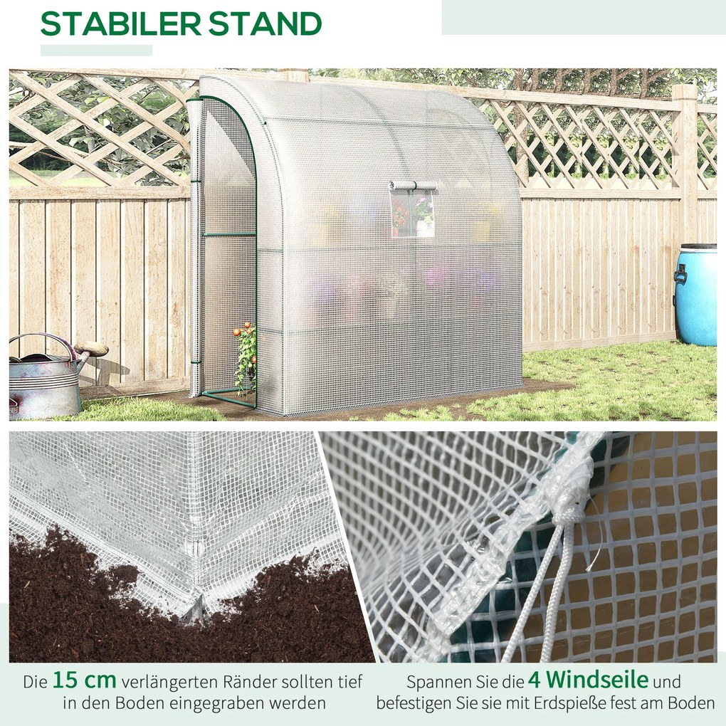 Outsunny fóliový skleník na rajčata 200x100x215cm s oknem ze síťoviny a rolovacími dveřmi UV ochrana v bílé barvě pro rostliny a zahradu