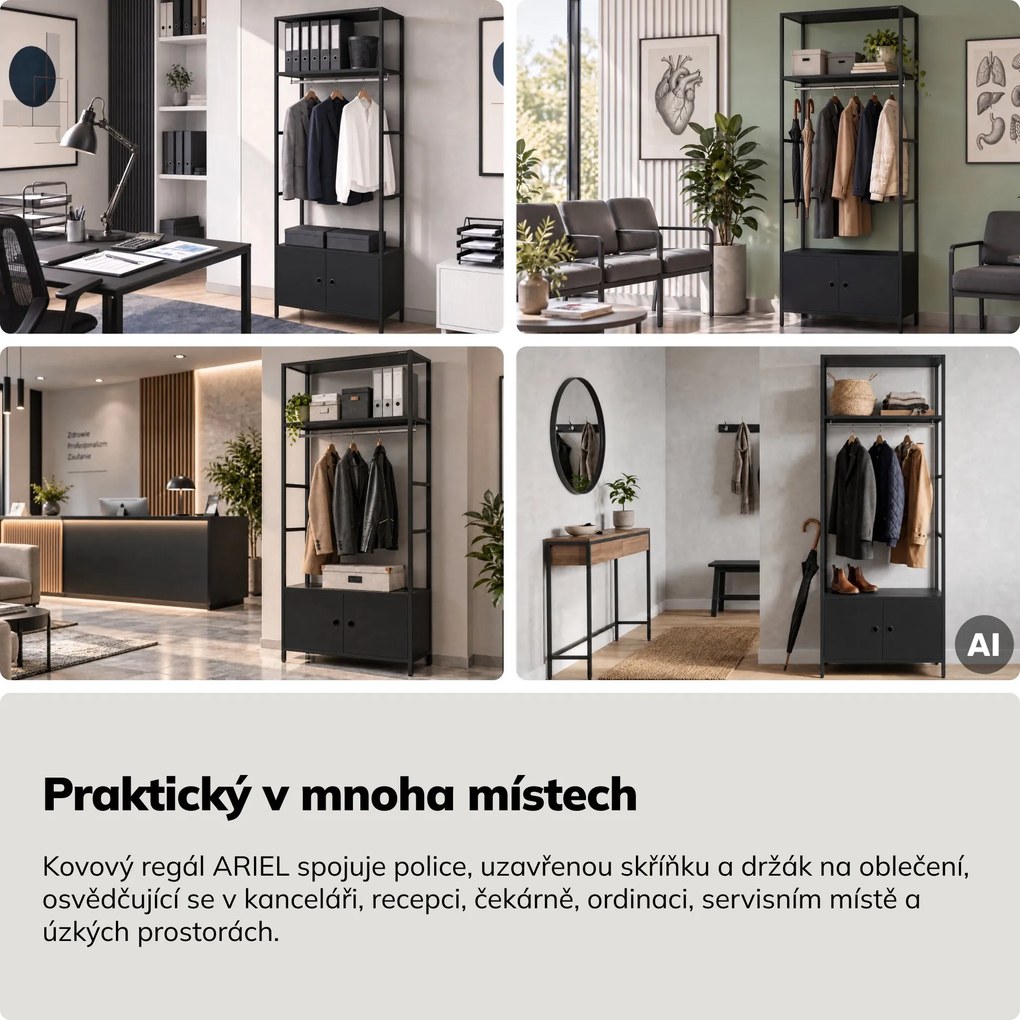 Kancelářský regál otevřený s tyčí na oblečení, do recepce a čekárny, kovový, černý, 800x2200x400 mm: ARIEL