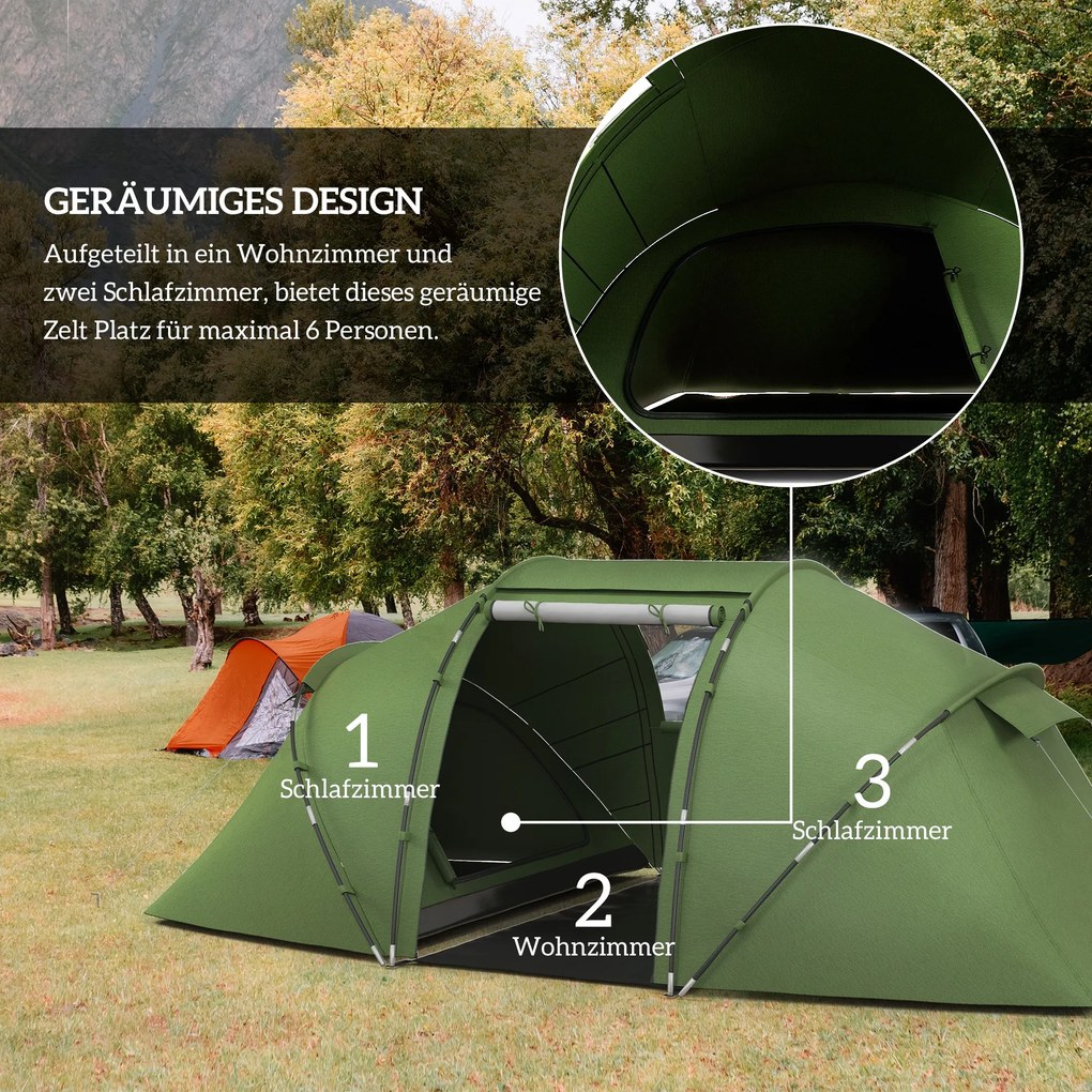 Tunelový stan pro 4-6 osob, kempinkový stan s dveřmi, podlážka, 2000 mm vodotěsná zelená barva