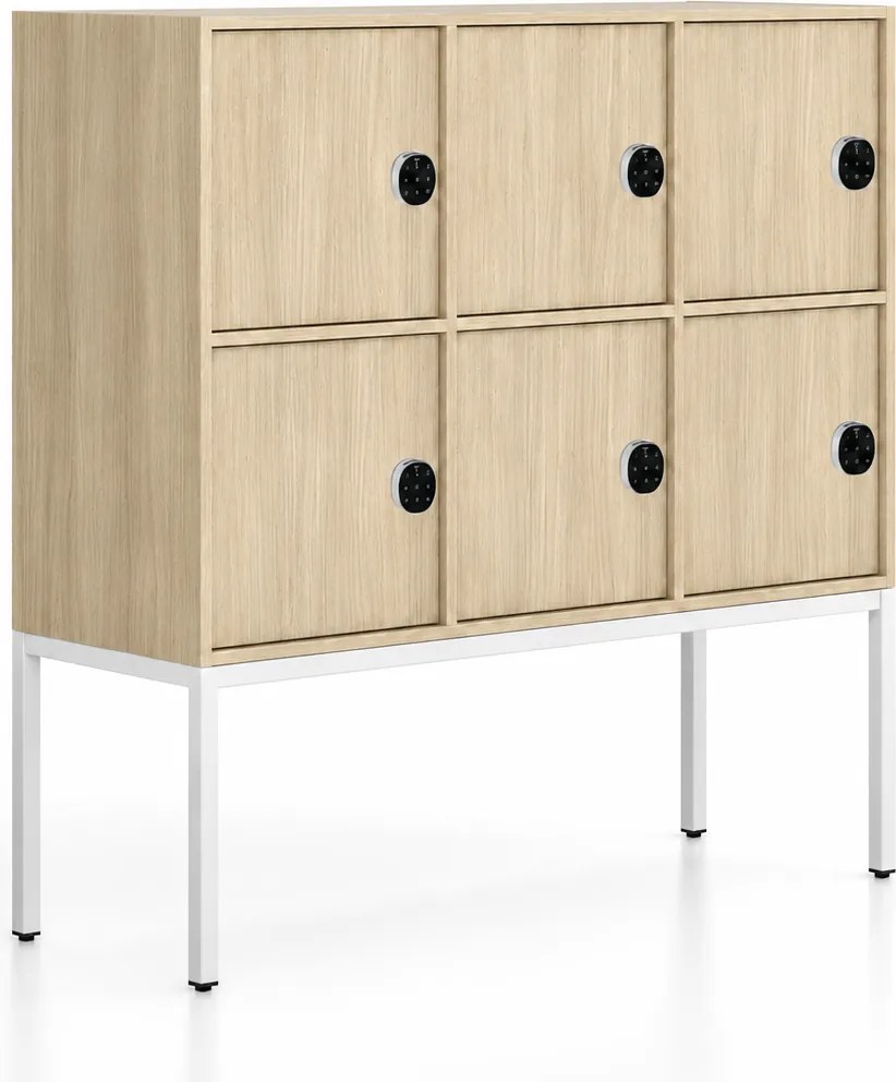 Kancelářská skříň FRAME, nízká, bílá podnož, 6x dveře, 1299 x 450 x 1331 mm, kódový zámek, dub přírodní