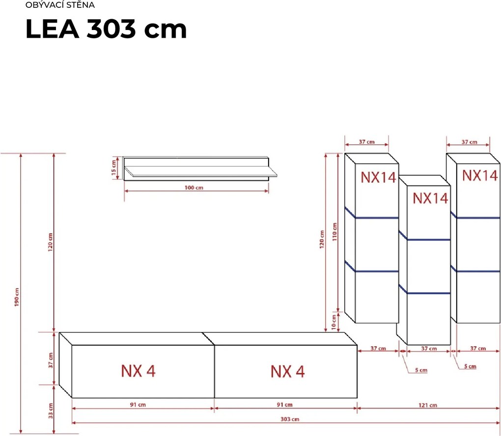 Ral Obývací stěna LEA 2, 303 cm - Černý lesk