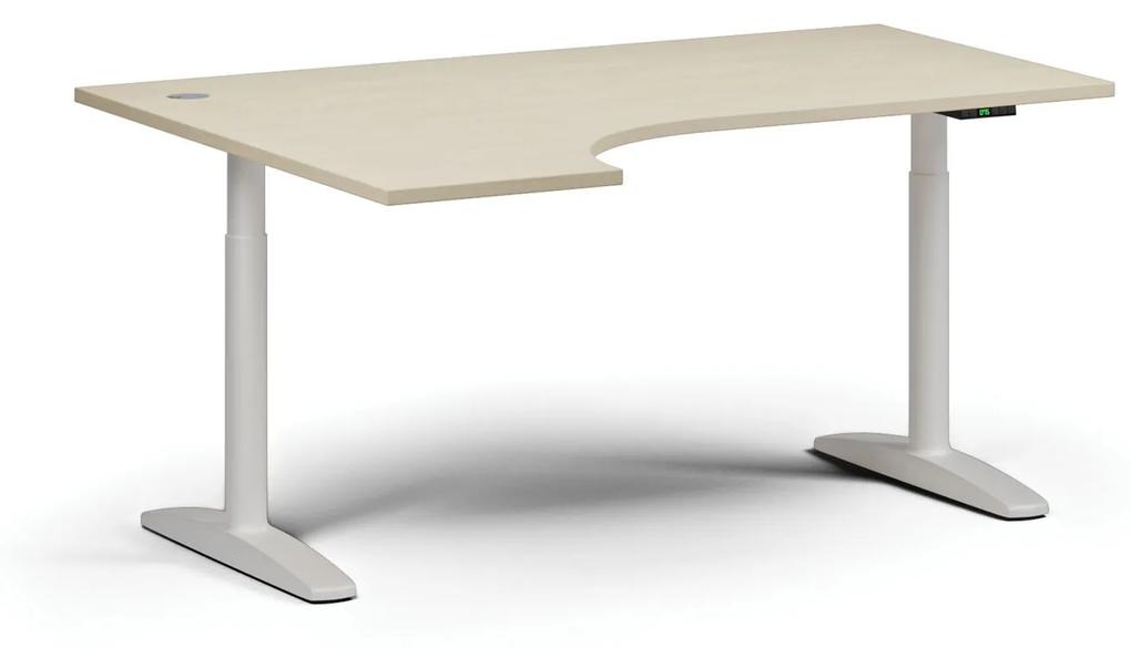 Výškově nastavitelný stůl OBOL, elektrický, 675-1325 mm, rohový levý, deska 1600x1200 mm, bílá zaoblená podnož, wenge