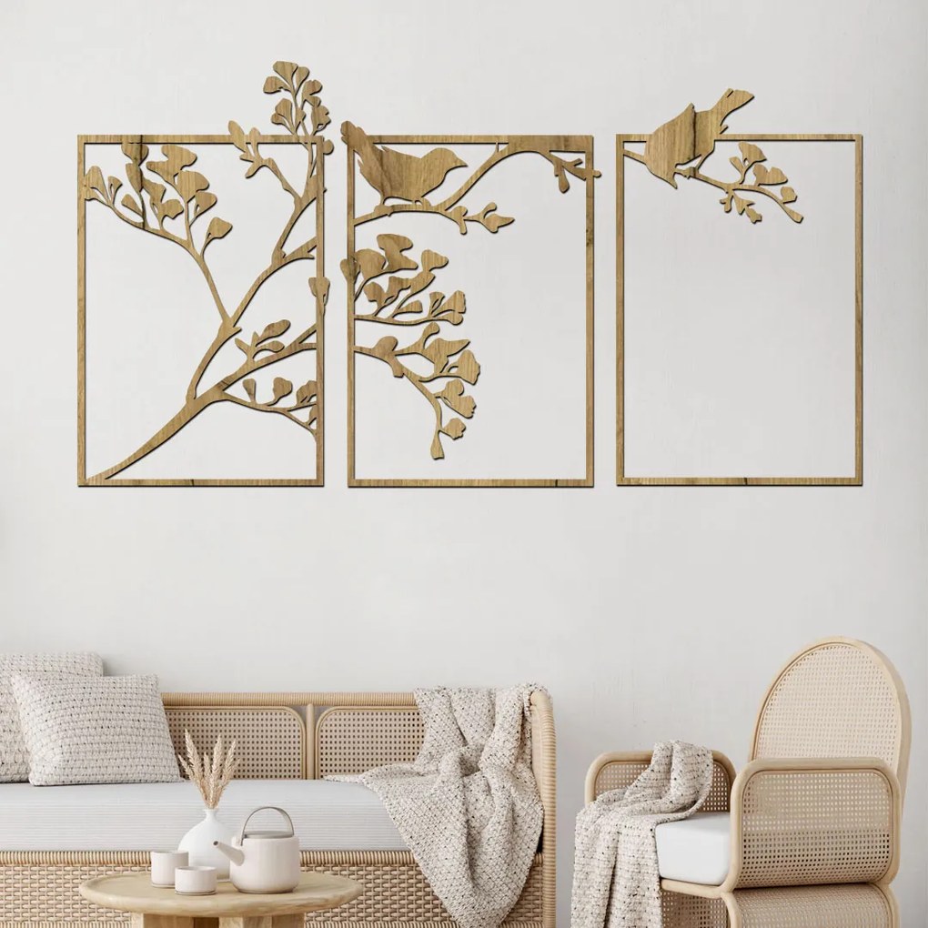 dřevo života 3 dílný dřevěný strom BIRD TREE Zvolte barvu dekoru: Bílá, Rozměry šxv (cm): 110x60
