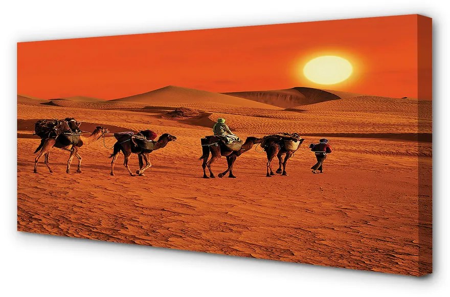 Obrazy na plátně Velbloudi lidí pouštní slunce nebe 120x60 cm
