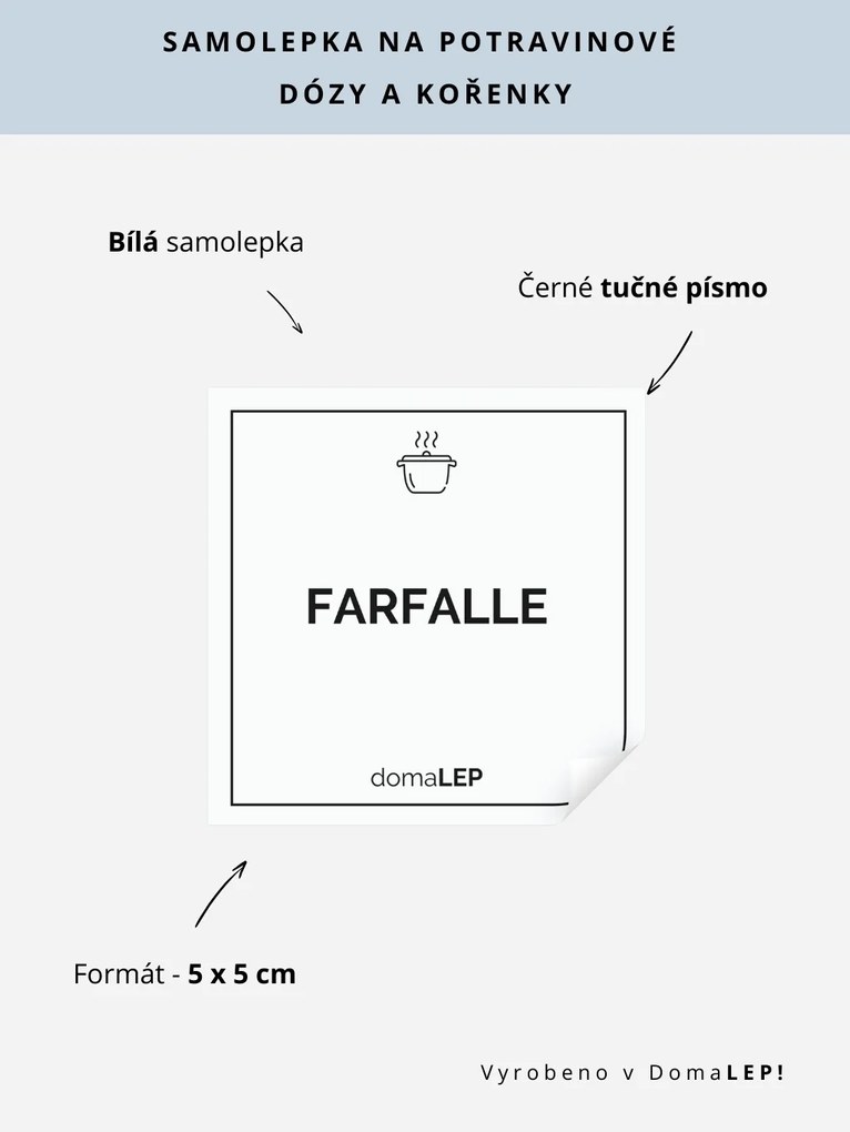FARFALLE  – bílá samolepka na dózu, tučné písmo, 5 x 5 cm | DomaLEP