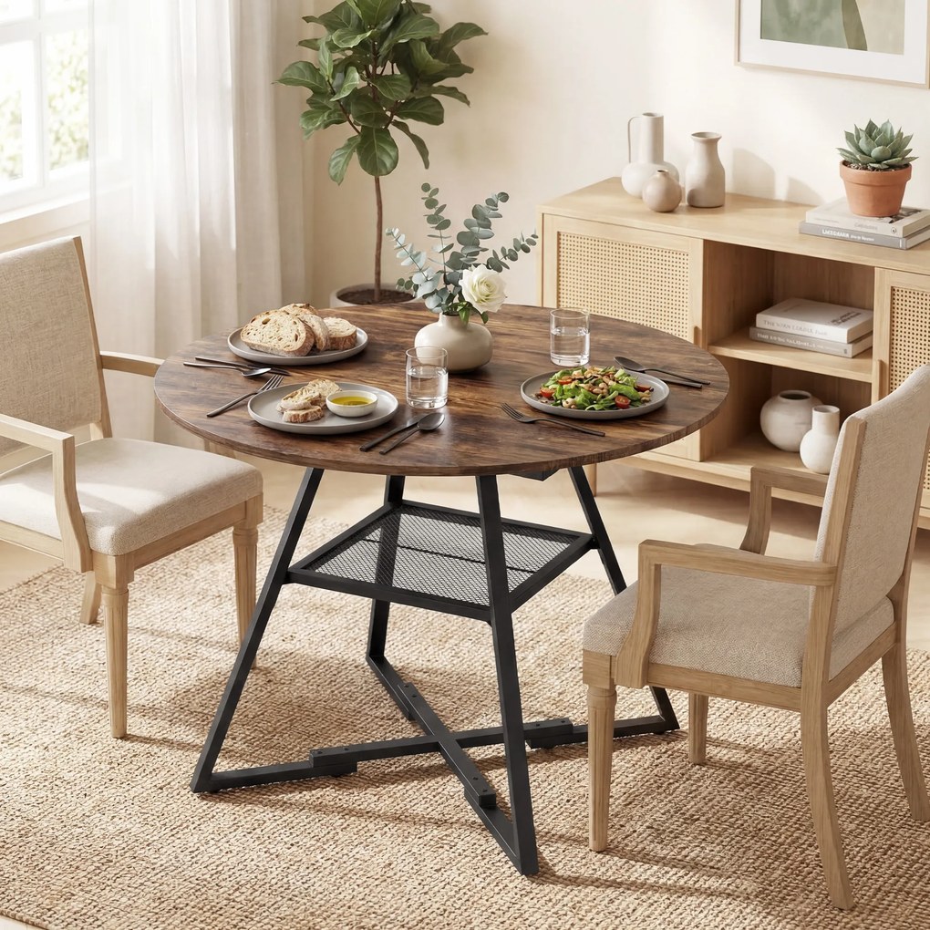 HOMCOM kulatý jídelní stůl pro 4, průměr 100 cm × výška 76 cm, industriální, velká deska a odkládací police, kovový rám, rustikální hnědá