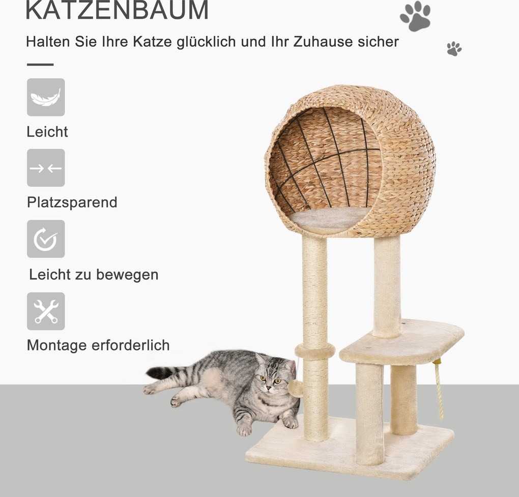 Škrabadlo PawHut s jeskyní pro kočky 100H cm pro malé kočky s míčkem a sisalem Béžová