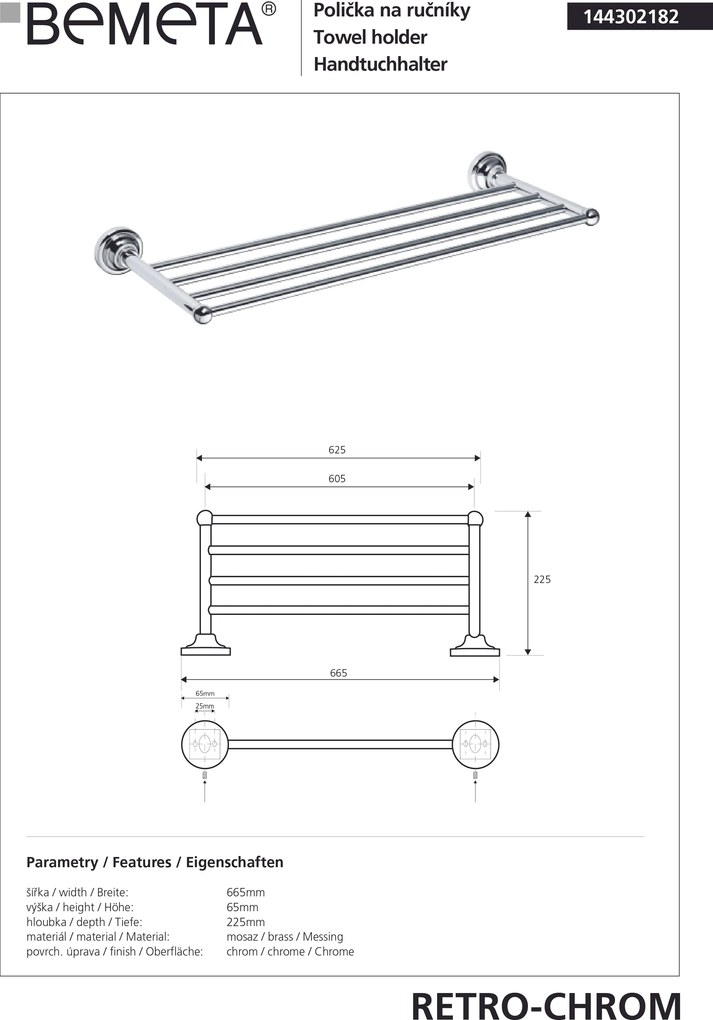 Bemeta Design RETRO chrom: Držák ručníků, 605 mm - 144302182