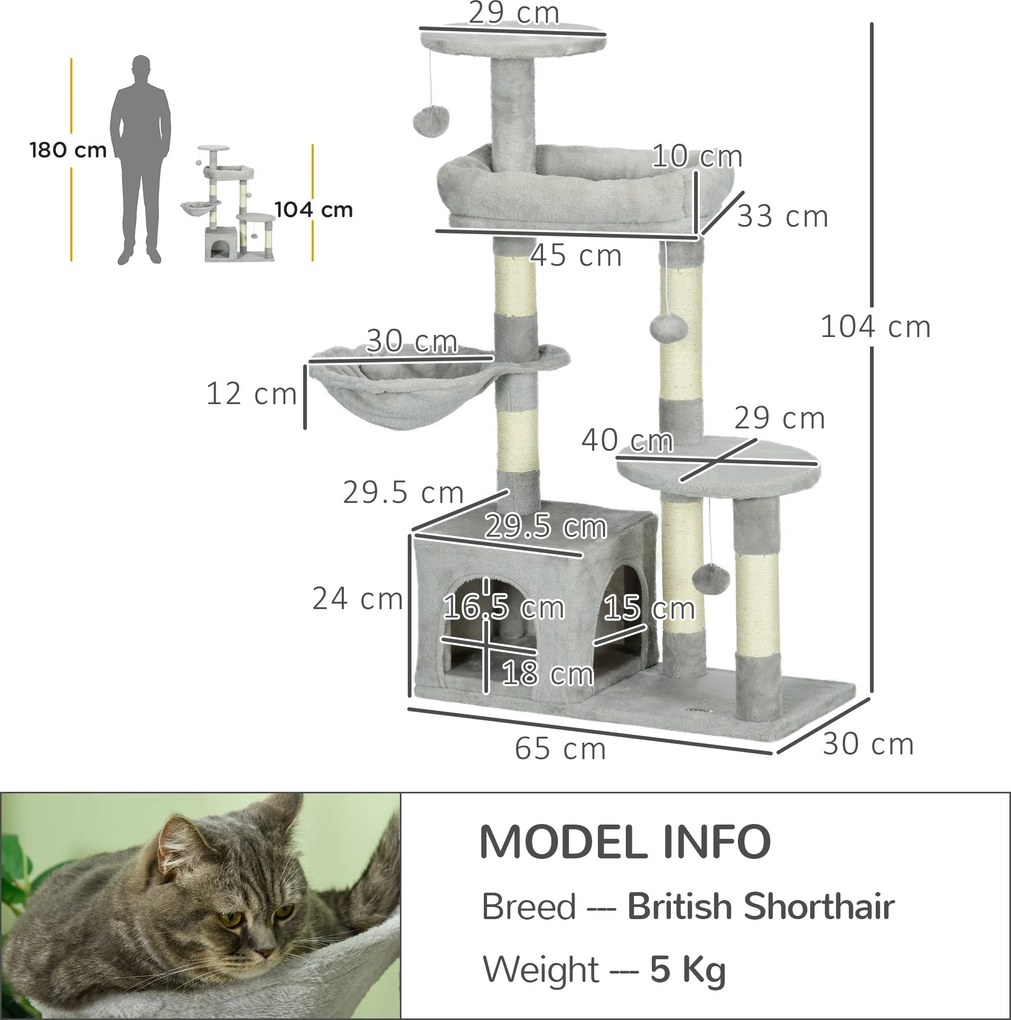 PawHut Kočičí stromek s škrabadlem, výška 104 cm, víceúrovňové zábavné centrum, zesílené sloupy, 3 visící míčky, světle šedá