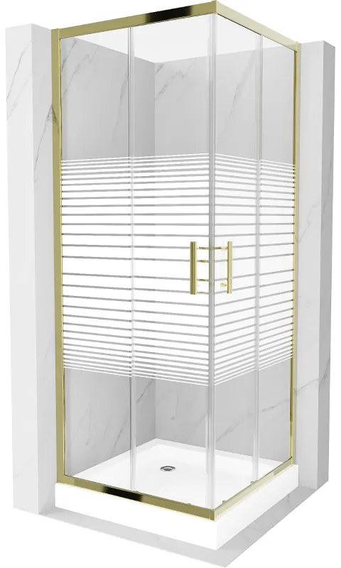 Mexen Rio, čtvercový sprchový kout s posuvnými dveřmi 80 (dveře) x 80 (dveře) x 190 cm, 5mm čiré sklo s pásky, zlatý profil + bílá sprchová vanička RIO, 860-080-080-50-20-4510