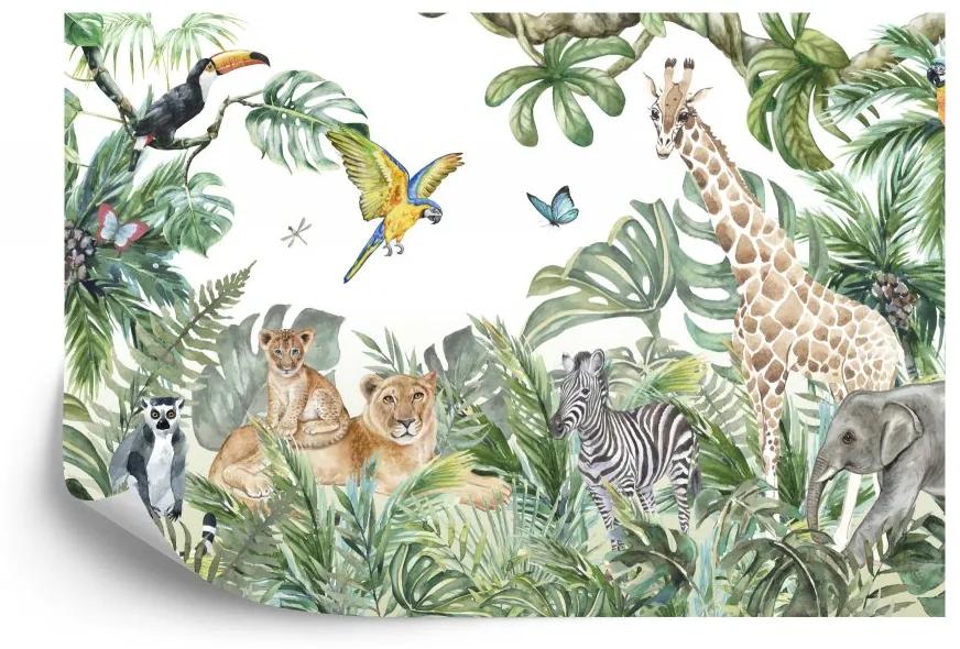 Fototapeta Children&amp;#039;s Wallpaper, Watercolor Jungle And Animals. Lions, Giraffe, Elephant, Parrots, Zebra, Lemur Samolepící tapety 400x280