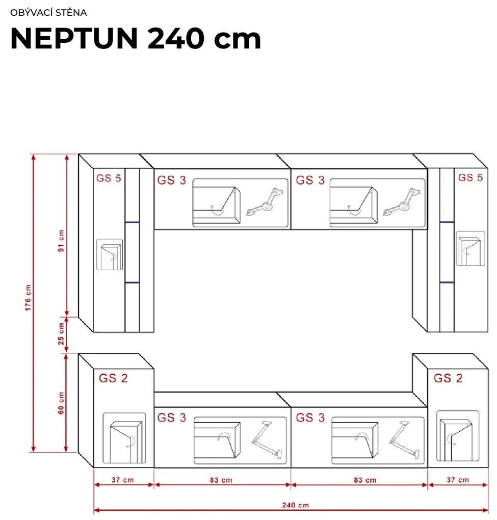 Ral Obývací stěna NEPTUN 1, 240 cm - Černý lesk