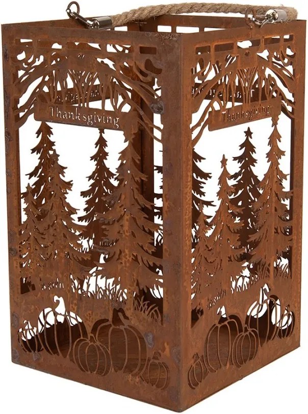 Rustikální rezavá lucerna s dýněmi a stromky - 19*19*30 cm
