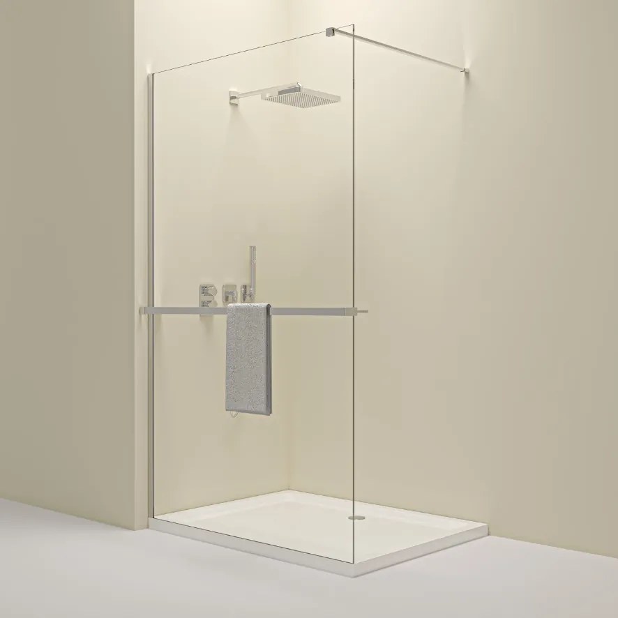 Erga Paris, sprchová zástěna Walk-In 90x200 cm s poličkou a ramínkem na ručníky, 8mm čiré sklo, chromový profil, ERG-V02-PARIS-090x200-CL-CR-BAR