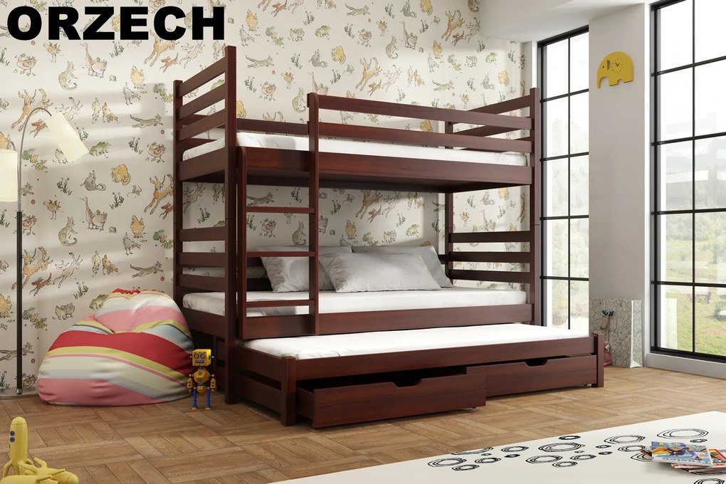 Patrová postel TOMI 80x180 cm s přistýlkou a úložným prostorem OŘECH
