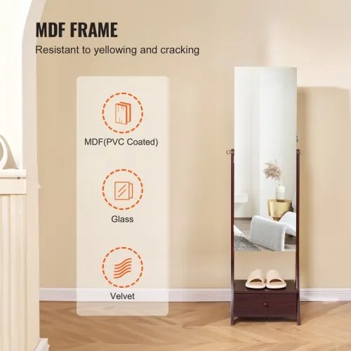 Mirror Skříňka na šperky Stojací zrcadlo s úložným prostorem po celé délce Hnědá