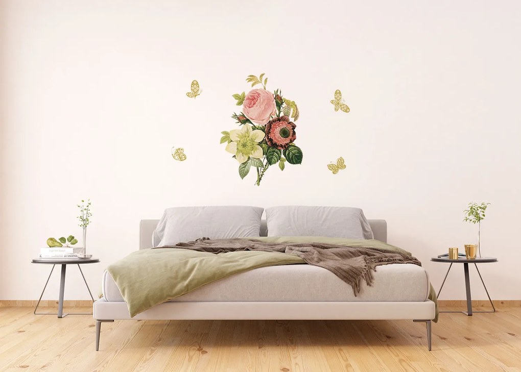 Samolepka na zeď Francouzská Růže a Zlaté Motýly | 65 x 85 cm | DF0456