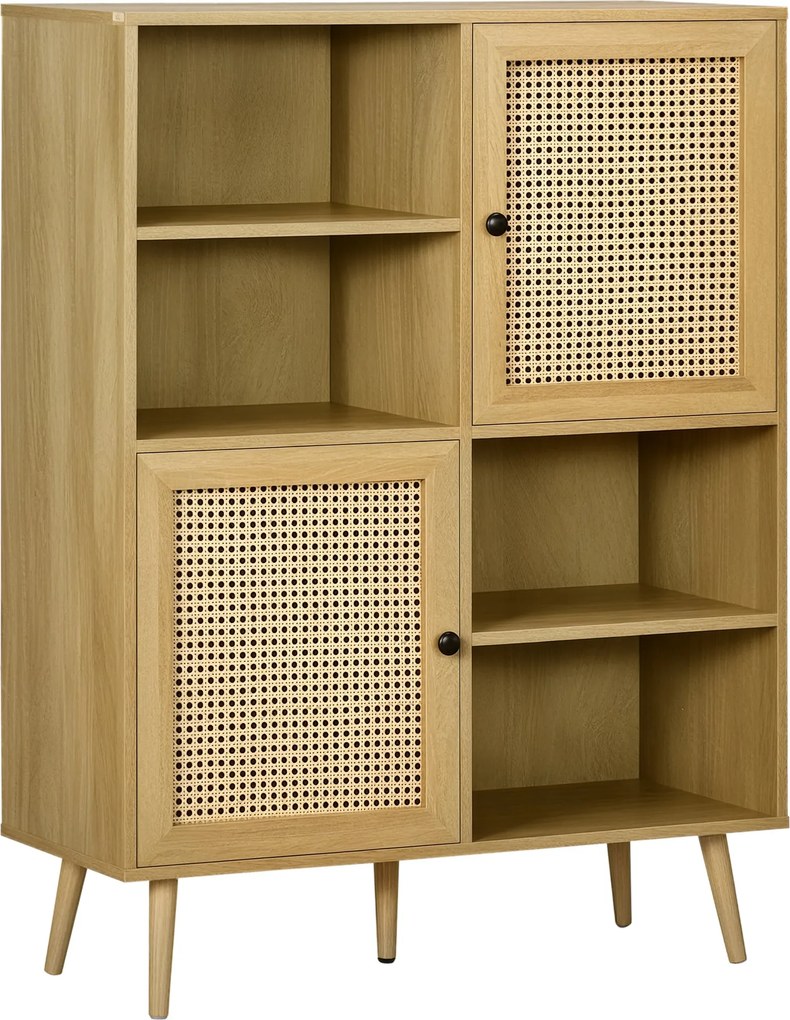 HOMCOM Buffetová skříňka s nohami z dřeva a ratanu se 2 dveřmi a 4 přihrádkami - rozměry 90L x 32,5W x 120H cm