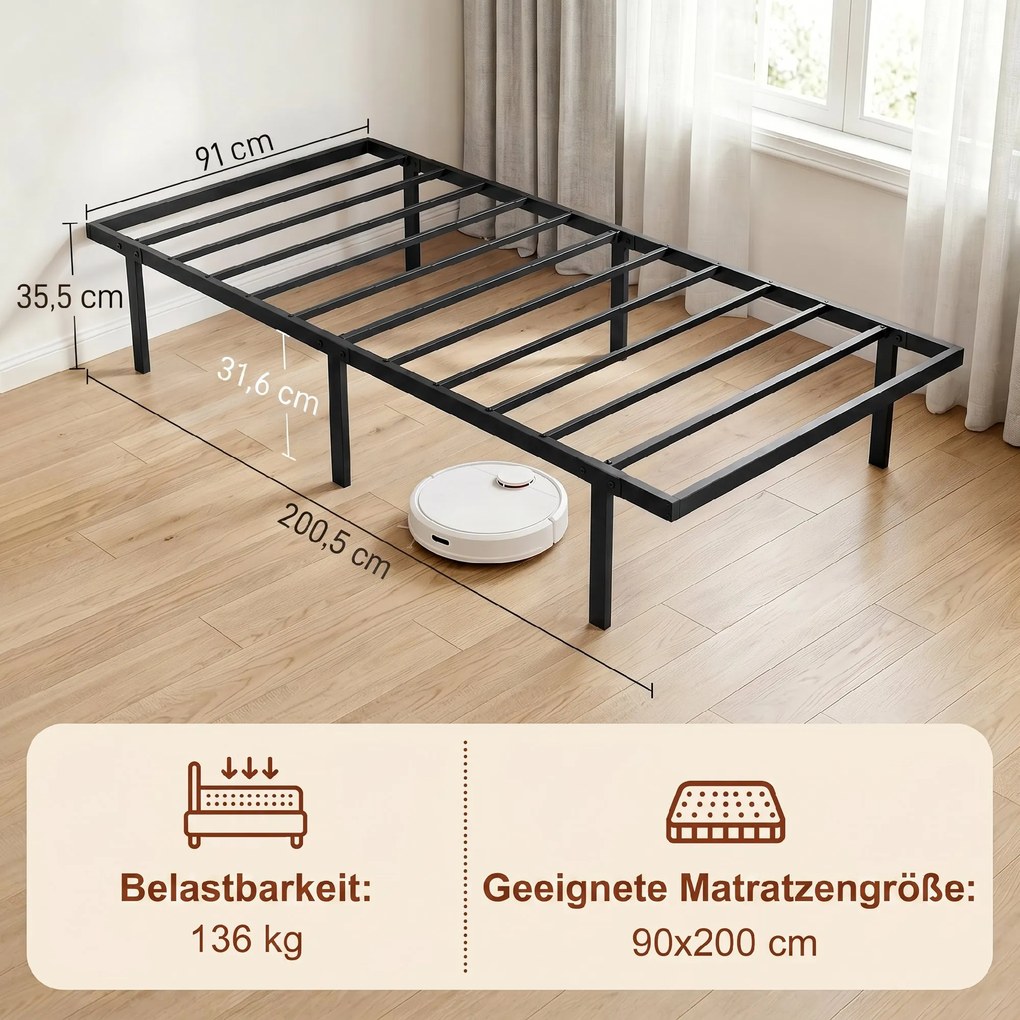 HOMCOM kovový rám postele s úložným prostorem pod postelí, výška 35,5 cm, tichý design, bez roštů, snadná montáž, 90 x 200 cm, černý