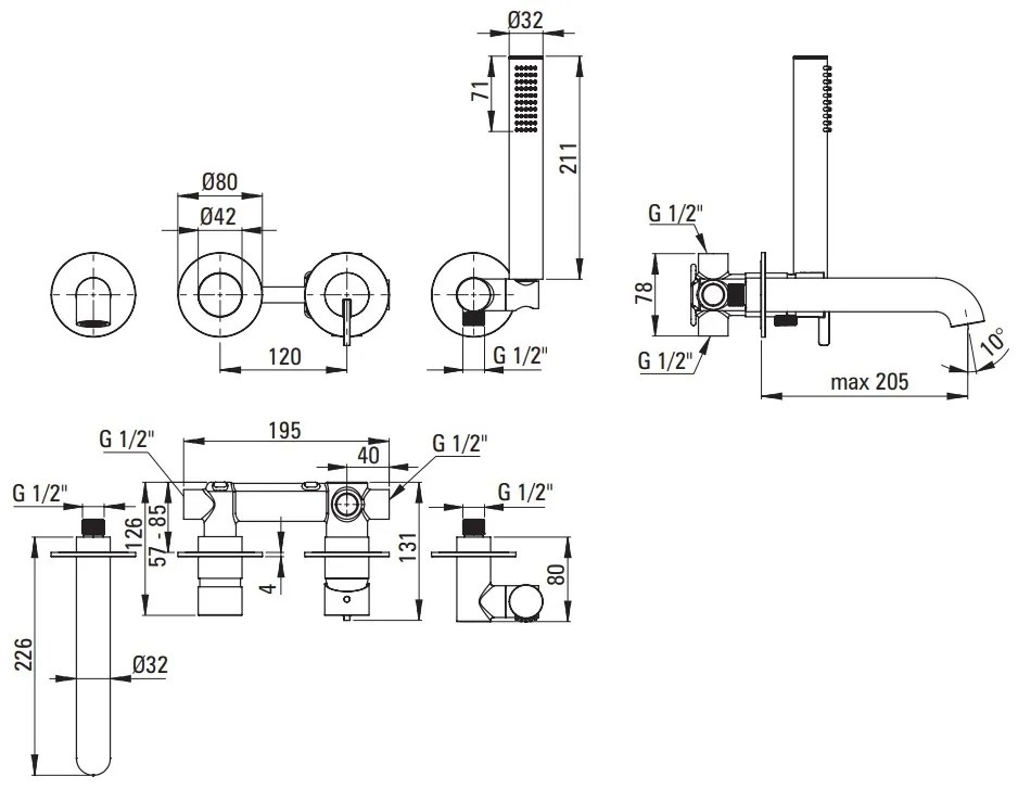 Deante Silia, 4-otvorová vanová baterie pod omítku se sprchovou soupravou, grafitová, DEA-BQS_D18P