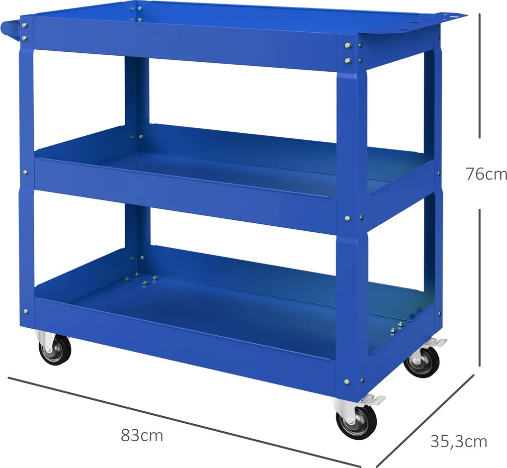 DURHAND Vozík na nářadí s kolečky, ocelový pracovní vozík se 3 policemi a bočním madlem pro domácí mechaniky, nosnost 150 kg, 83x35,3x76 cm, modrý