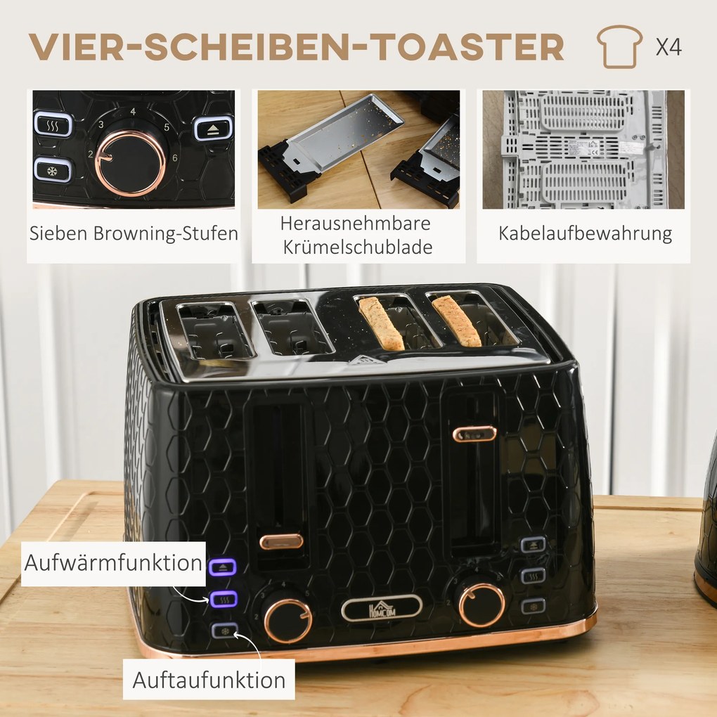 HOMCOM 2v1 kuchyňská sada, toustovač a rychlovarná konvice, různé možnosti, 1,7 l, 4 krajíce toastu najednou, plast, černá