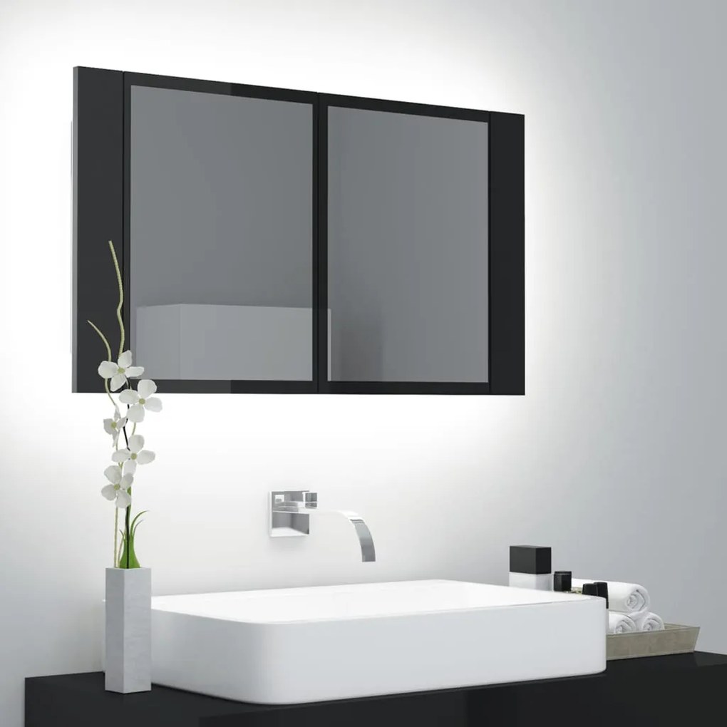 804970 vidaXL LED koupelnová skříňka se zrcadlem lesklá černá 80 x 12 x 45 cm