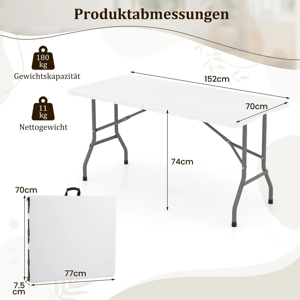 Costway Skládací kempingový stůl s HDPE stolní deskou a rukojetí – 152 × 70 cm