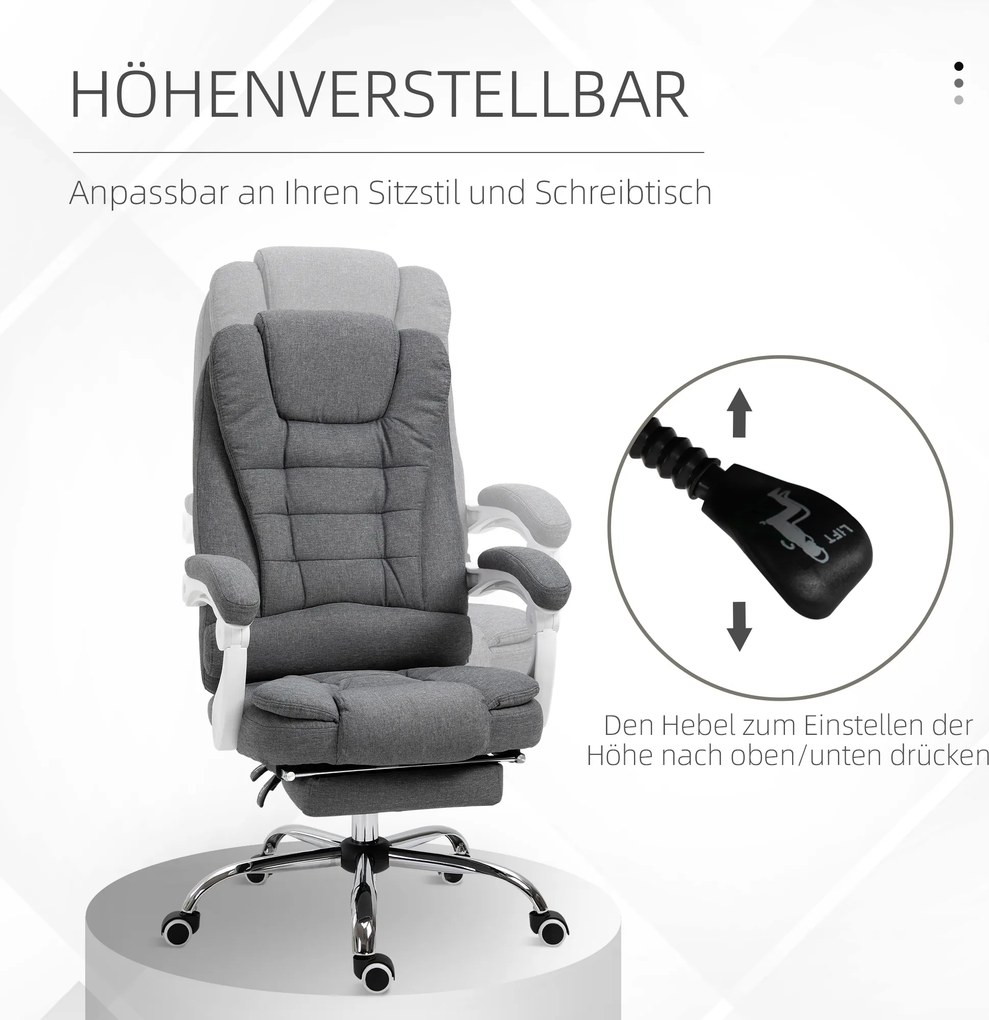 Kancelářská židle Vinsetto ergonomická kancelářská židle se sklopnou podnožkou, výškově nastavitelná a sklopná, kovově šedá pro pohodlí v domácí kanc…