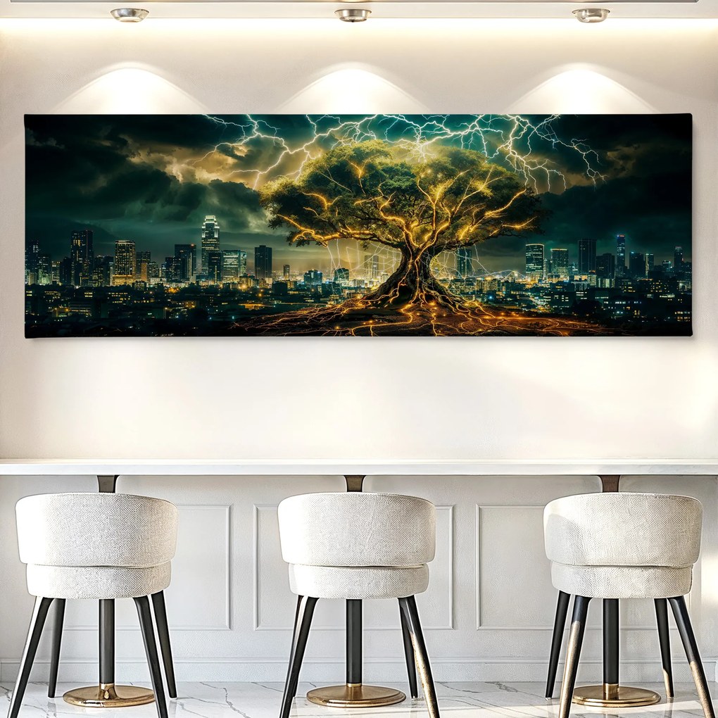 Obraz na plátně - Strom života Městský dotek FeelHappy.cz Velikost obrazu (šířka x výška): 210 x 70 cm