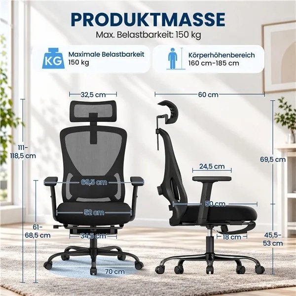 Kancelářská židle – černá, 70 cm (šířka) × 60 cm (hloubka) × 111 cm – 118,5 cm (výška) (267792306720)