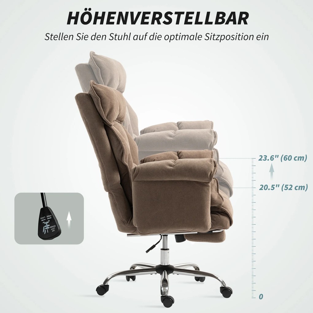 HOMCOM Ergonomická kancelářská židle, naklápěcí opěrka zad, podnožka, měkká látka, světle hnědá