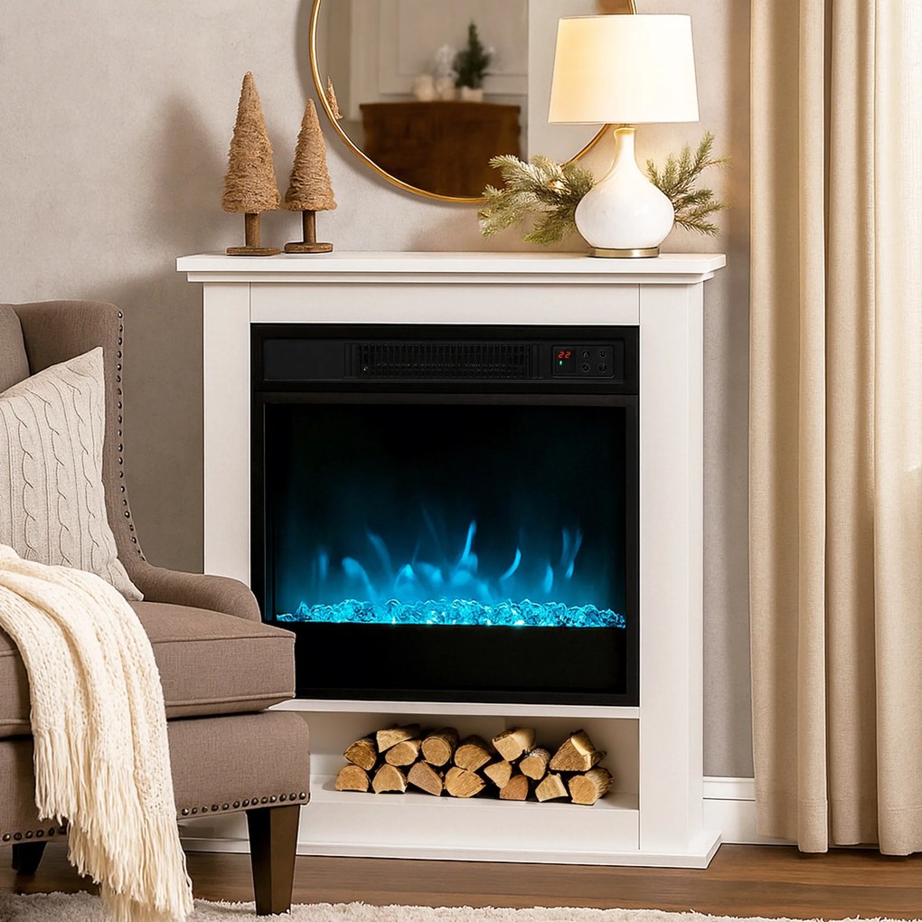HOMCOM Elektrický krb, realistické plameny se 9 barvami, nastavitelná jasnost, 1800W, dálkové ovládání, časovač, bílá