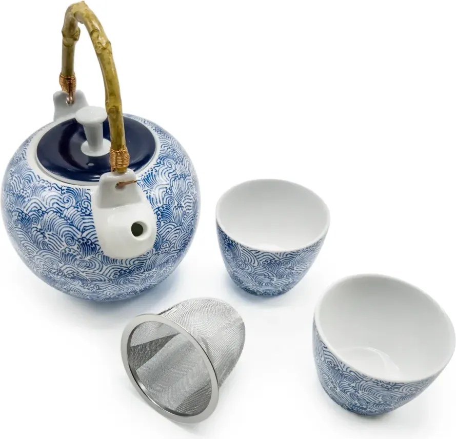 Porcelánová čajová souprava Mizu pro dva, 800 ml – japonský motiv Seigaiha a sítko