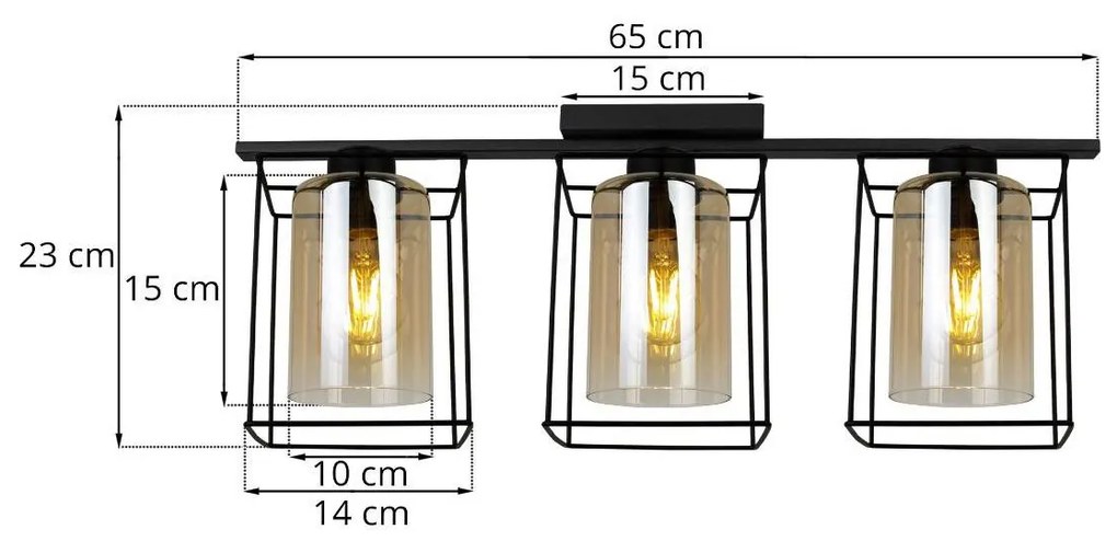 Stropní svítidlo HELLA CAGE, 3x medové skleněné stínítko v kovovém rámu