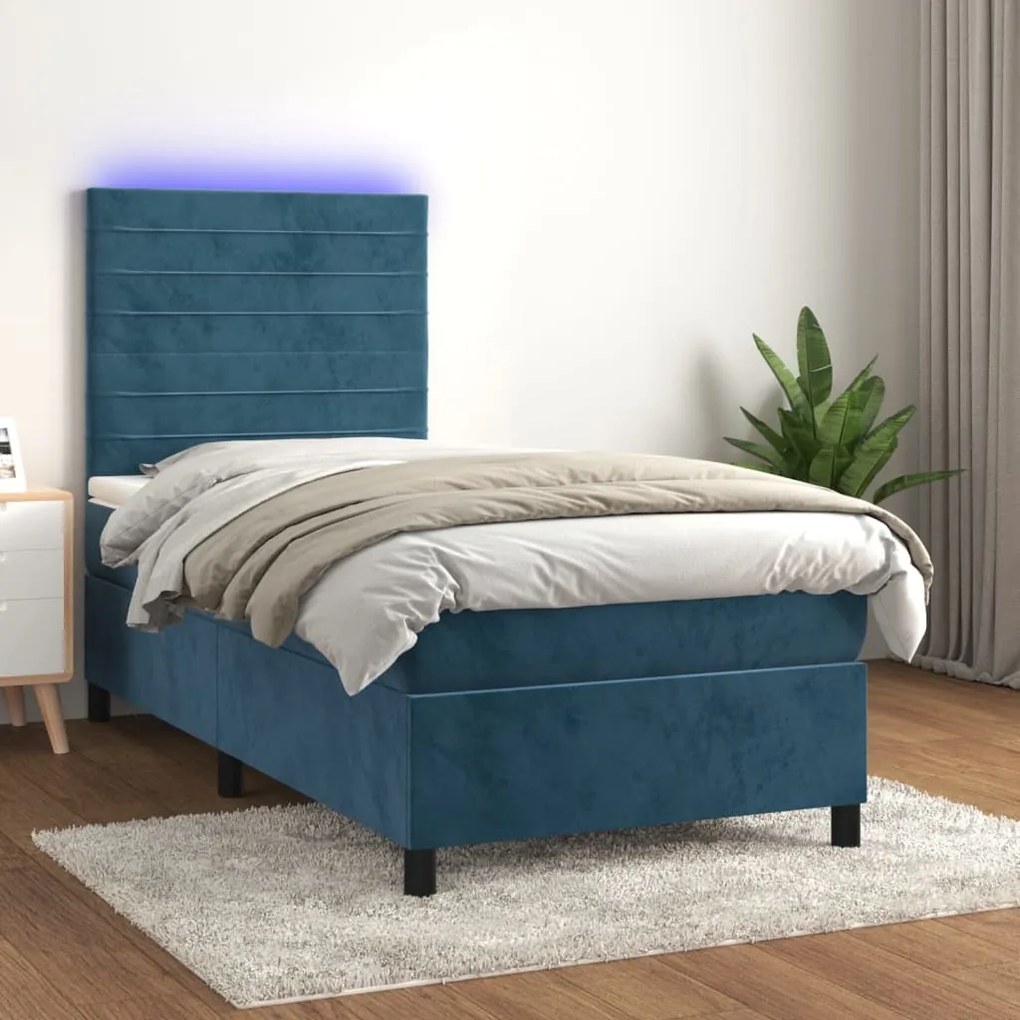 Box spring postel s matrací a LED tmavě modrá 90x190 cm samet