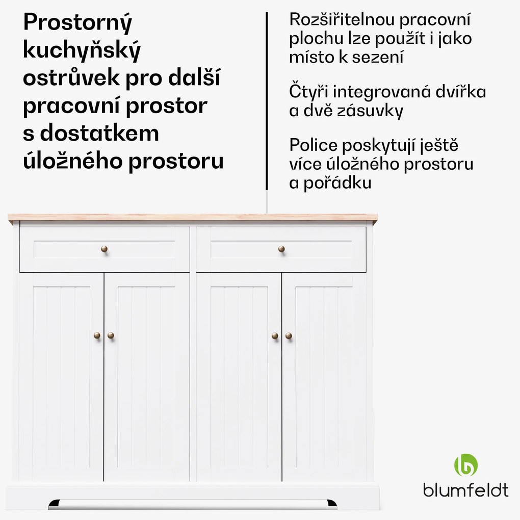 Blumfeldt Etsu, kuchyňský ostrůvek, výsuvná pracovní deska, 2 zásuvky, 4 dvířka, lze použít jako jídelní stůl, úložný prostor, snadno se čistí