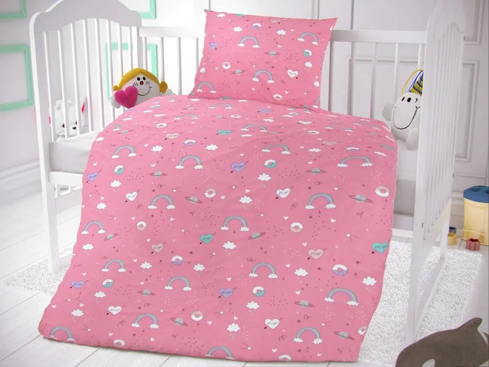 Kvalitex Bavlněné povlečení do dětské postýlky Obláčky růžové 1x 90/135, 1x 45/60cm