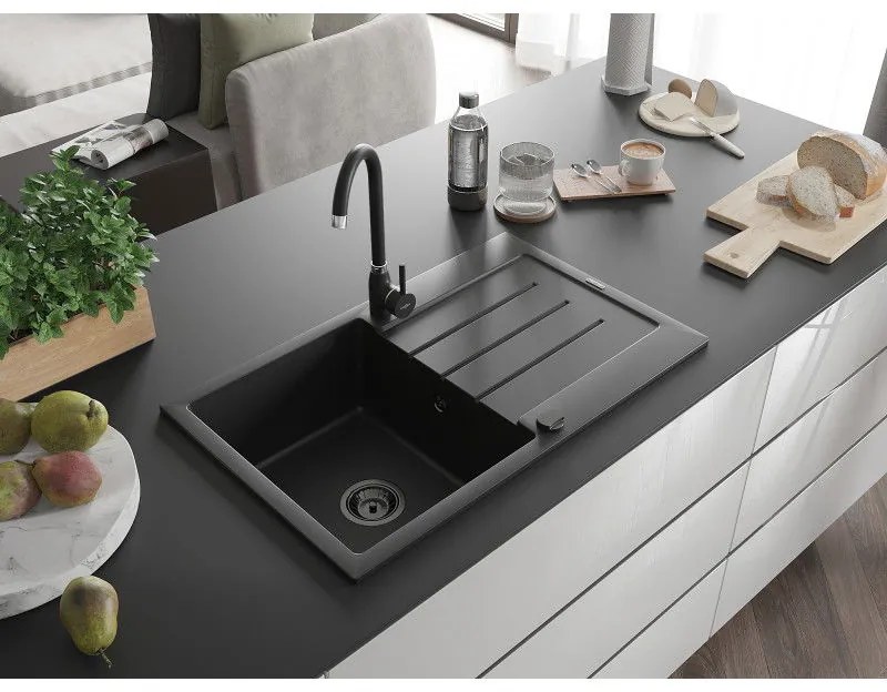 Mexen Bruno, granitový dřez 795x495x200 mm, 1-komorový, černá s černým sifonem, 6513791010-77-B