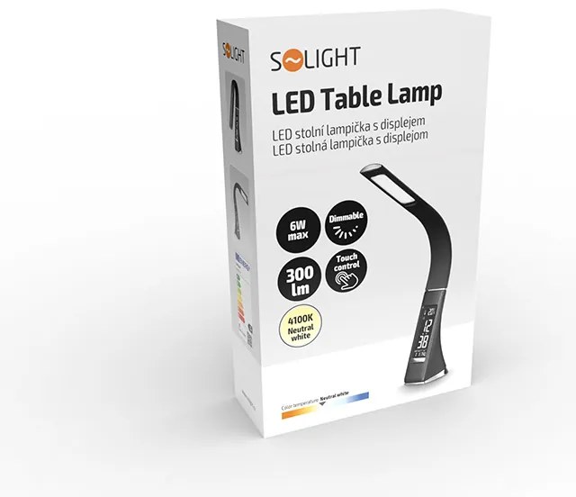 Solight LED stolní lampička s displayem, 6W, 4100K, kůže, černá