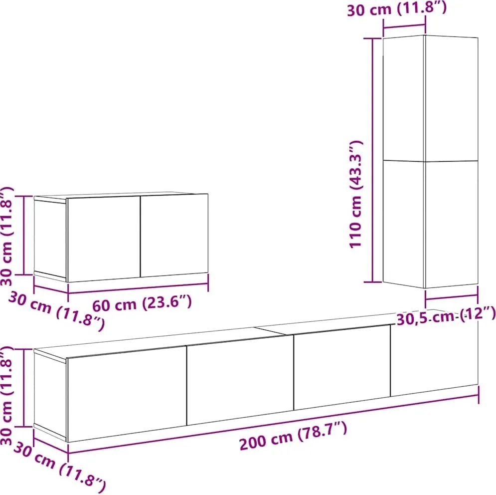 vidaXL 4dílný set TV skříněk kompozitní dřevo [3393329] Barva: dub artisan